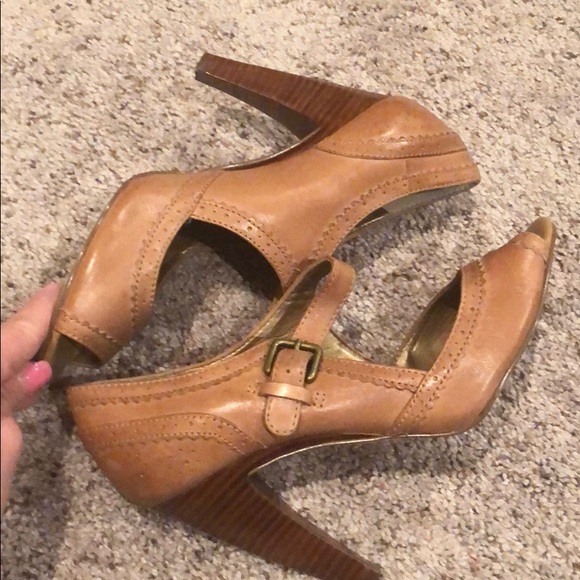 Marc Fisher | Shoes | Marc Fisher Sz 65 Tan Peep Toe Heels | Poshmark